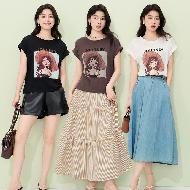 BasicHouse/Baijiahao Cartoon Print Curled Small Flying Sleeves T-shirt ...