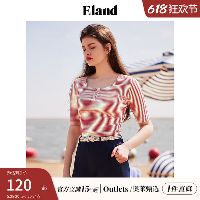 Clothing T-shirt for women round neck slim striped mid-sleeved cotton t ...