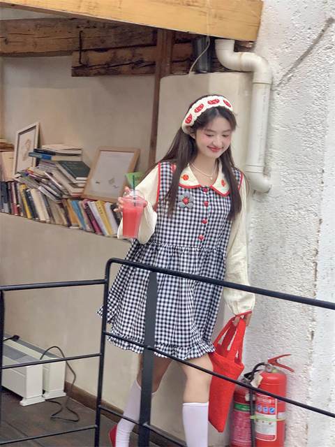 Fan Wenwen Strawberry Tata Fake two-piece doll collar plaid dress for ...