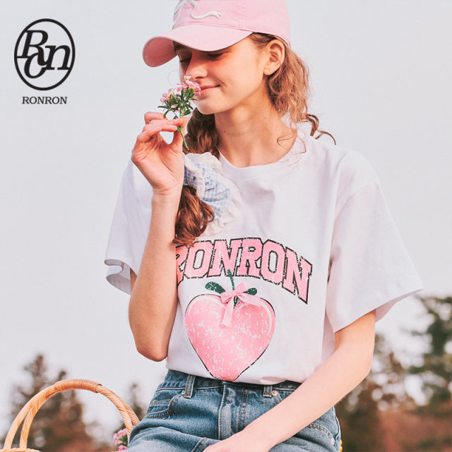 RONRON 2024 new summer short-sleeved Korean style loose round neck white logo