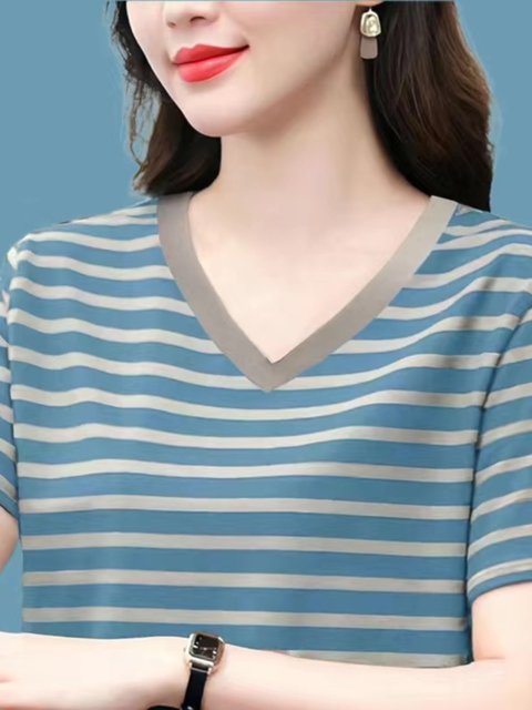 2025 summer new loose and versatile mother half-sleeved T-shirt V-neck ...