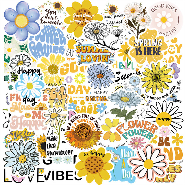 50 small fresh daisy text stickers yellow flowers, sunflower ...