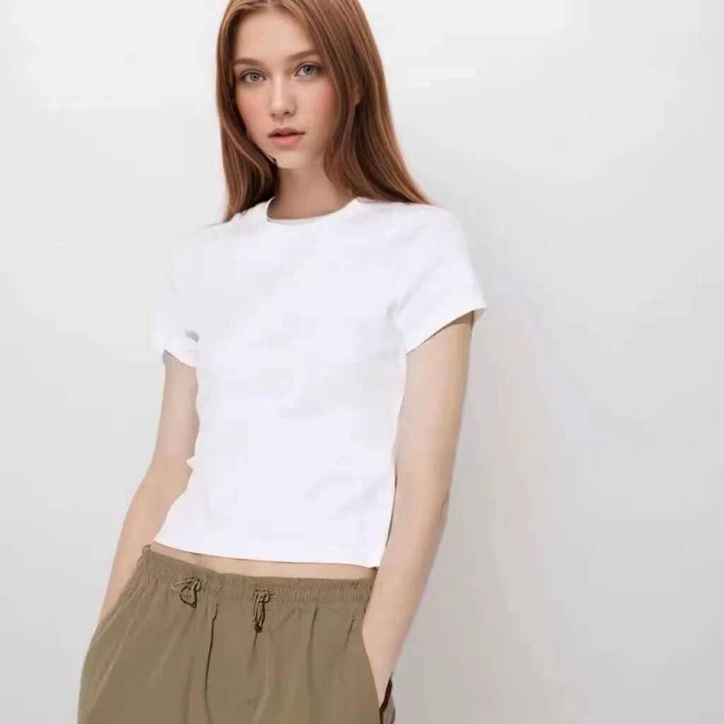 GeTan Gotan basic loose soft waxy 100% cotton/grey versatile Yu Kewei same style slim round neck ...
