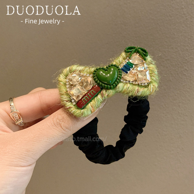 2025 new green love wool bow hair rope high-quality rubber band high ...