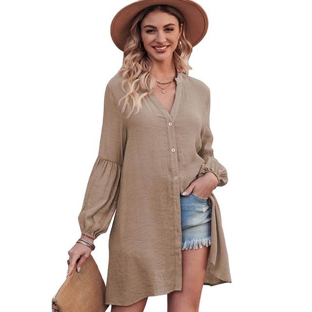 Autumn new solid color loose mid -length shirt female 2024 European and ...