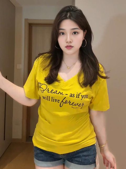 Large size fat mm fashionable and versatile V-neck short-sleeved ...