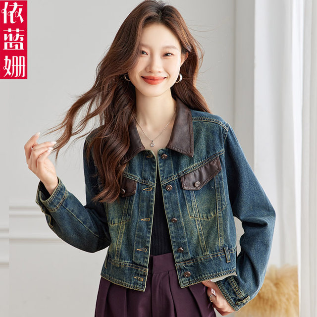 Hong Kong style retro PU leather spliced denim jacket for women 2024 ...