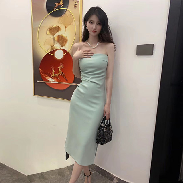 One word collar tube top long side split skirt wrapped chest skirt pure ...