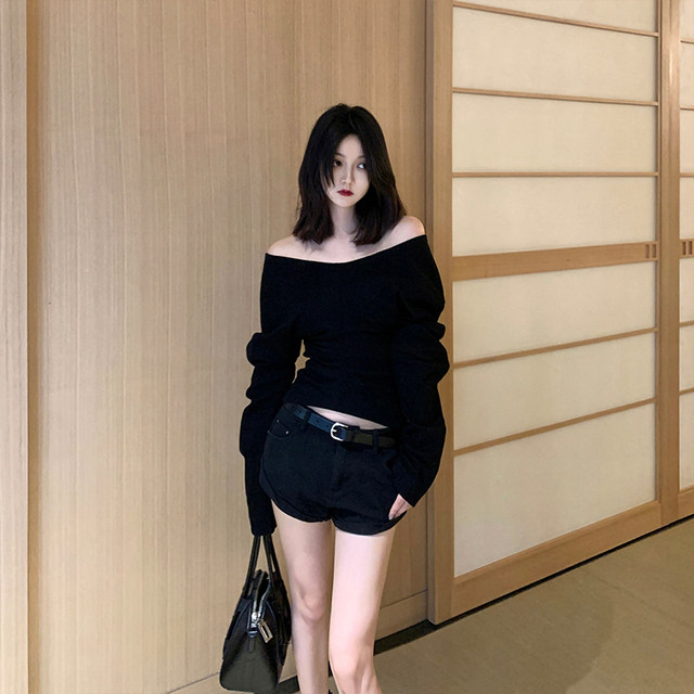 Gyokuu black elastic denim tight -fitting shoulder casual design feel denim jacket