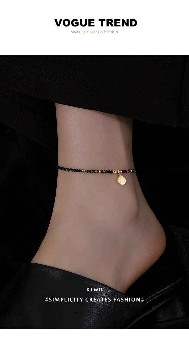 Ktwo Black Spinel Anklet - Smiling Face Design - Gold Plated