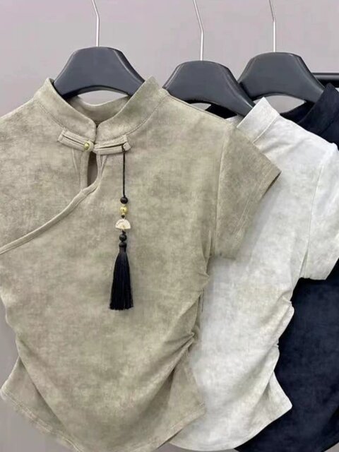 New Chinese style Chinese style button black short-sleeved T-shirt for ...