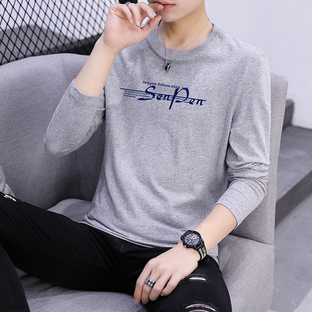 Spring long-sleeved T-shirt for men's pure cotton inner-padded printed ...