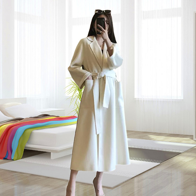 Socialite white high-end water ripple double-sided cashmere coat women ...