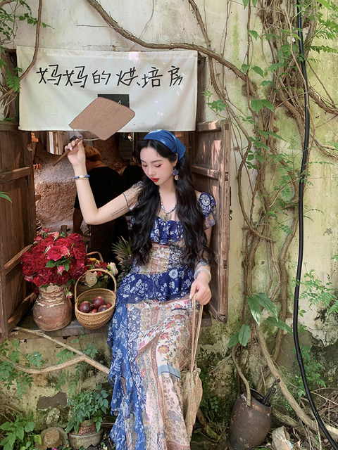 Lujin homemade contrasting blue and white chiffon spring and summer new girl's retro dress