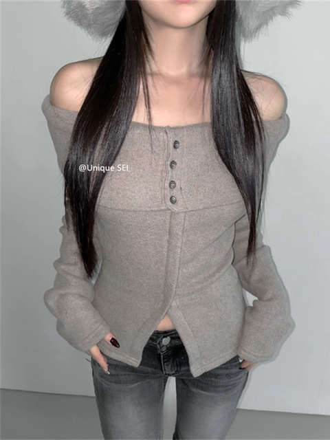 Unique SEI Premium Winter Sexy Button One Shoulder Off Shoulder Lapel Elegant Long Sleeve ...