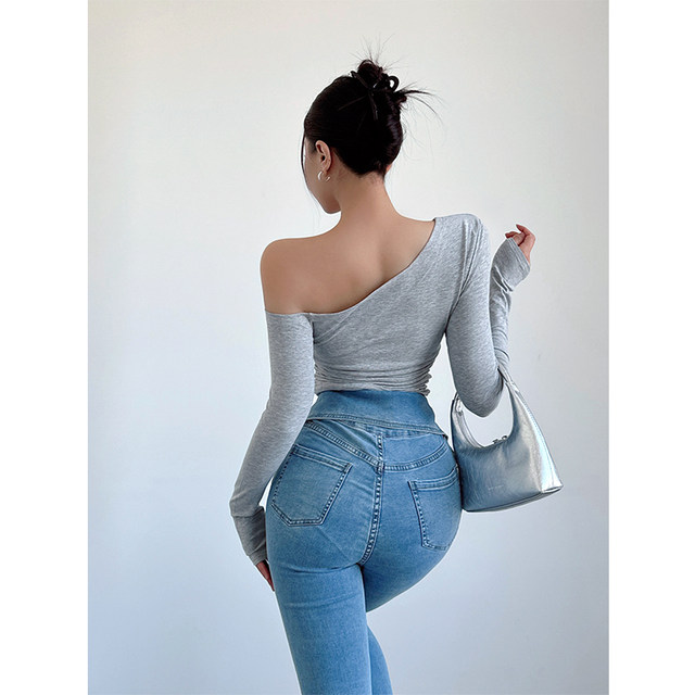 liviahome asymmetrical one-sided off-shoulder long-sleeved bottoming ...