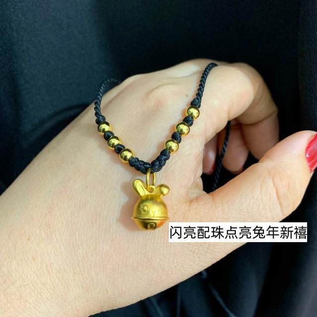 Handmade black rope bell rabbit brass gold plating female necklace red ...