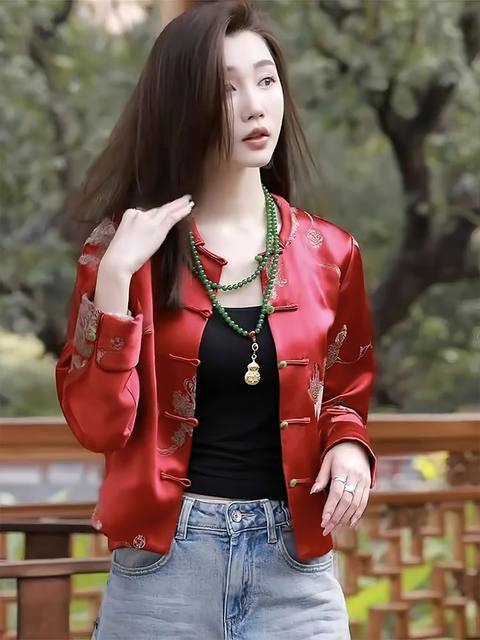 New Chinese satin one-line button short jacket for women 2025 spring ...