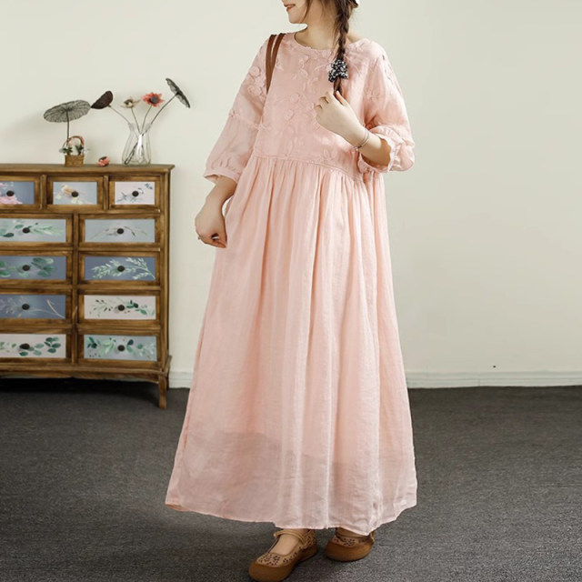 Qianqiu Feiyan Literary Retro Ramie Embroidery Crochet Dress Women's ...