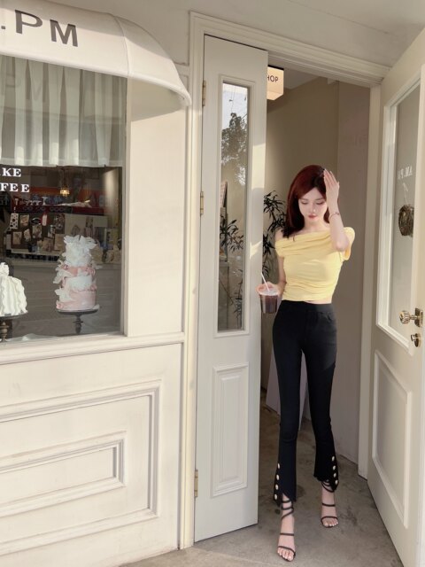 Eva Junjun Jiang hot girl pure sexy slanted shoulder pleated waist short sleeve T-shirt female ...