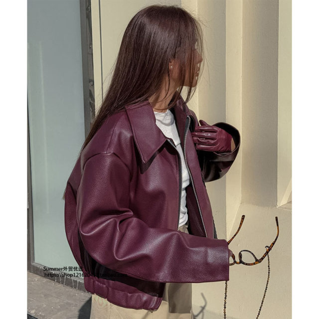 Motorcycle style leather jacket 2024 European and American wine red ...