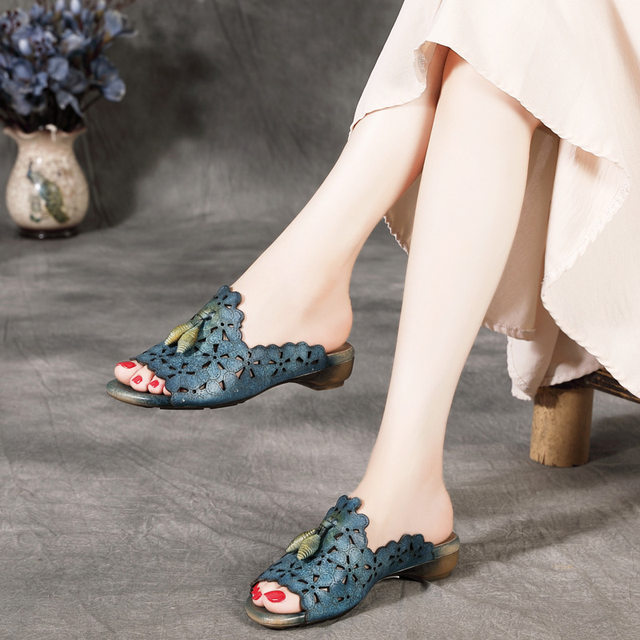 2024 summer new ethnic style genuine leather retro slippers low heel ...