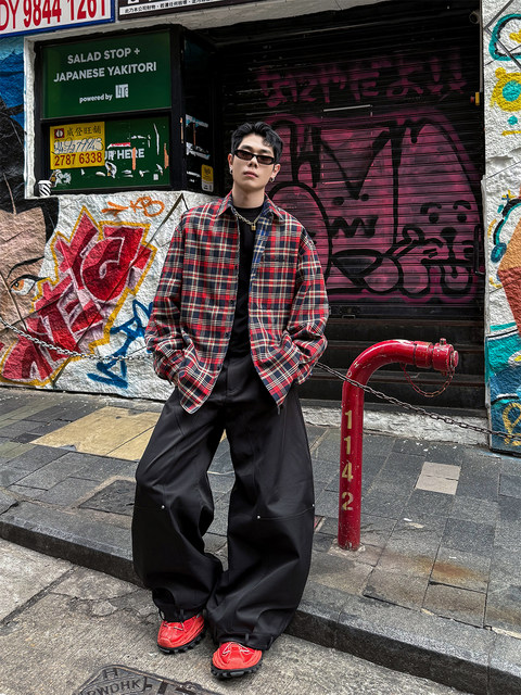 DBW Doublewin retro design sense double-sided plaid shirt jacket men street loose long-sleeved shirt