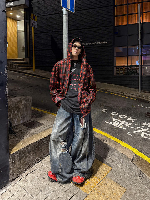 DBW Doublewin Street Player Retro Mottled Design Plaid Shirt Jacket Men's Hooded Casual Shirt
