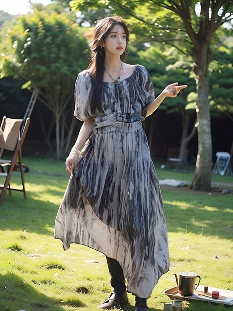 French romantic V -neck short -sleeved tie -dye vertical dressing dress ...