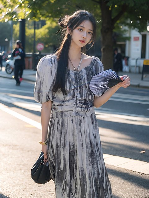 French romantic V -neck short -sleeved tie -dye vertical dressing dress ...