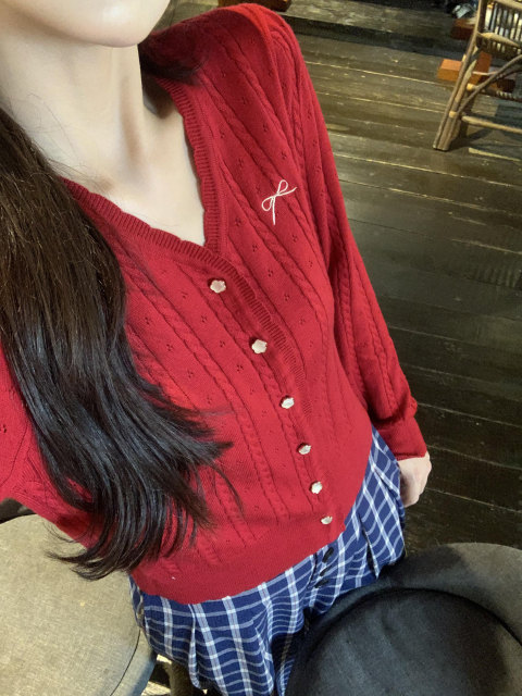 Jamuus Korean retro Angora red twist knit cardigan top female bubble ...