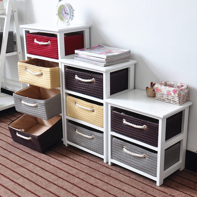 Solid wood rattan retro drawer-type storage cabinet living room sofa ...