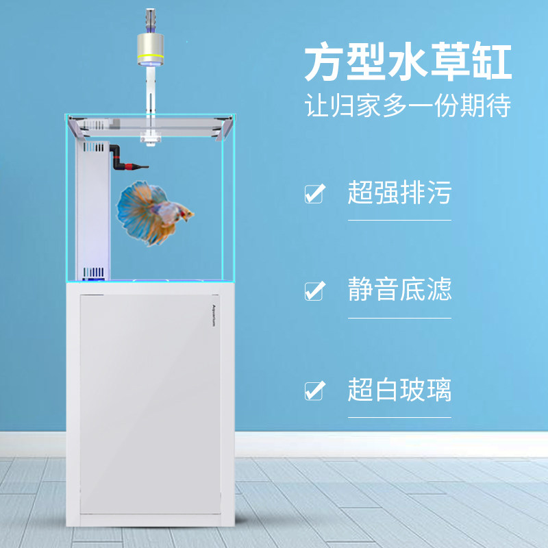 Square Fish Tank for Living Room - Ultra-White Glass with Integrated Filter