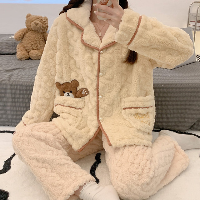 Women's Pajamas Winter Thickened Warm Coral Fleece Set 2024 New Cartoon ...
