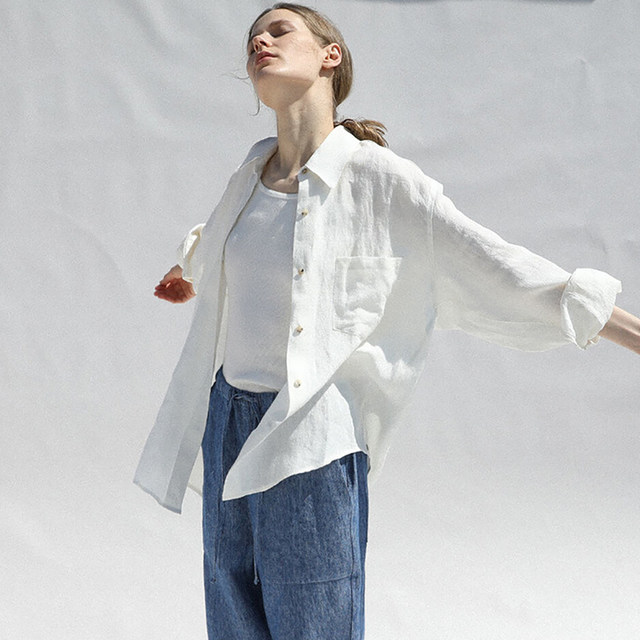 100% pure linen shirt for women white loose sun protection clothes ...