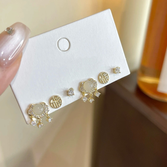 S925 sterling silver needle Ping An lock blessing earrings Six -piece ...