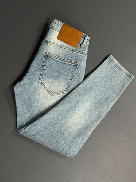 Stretch old light blue slim nine-point jeans for men Korean version ...