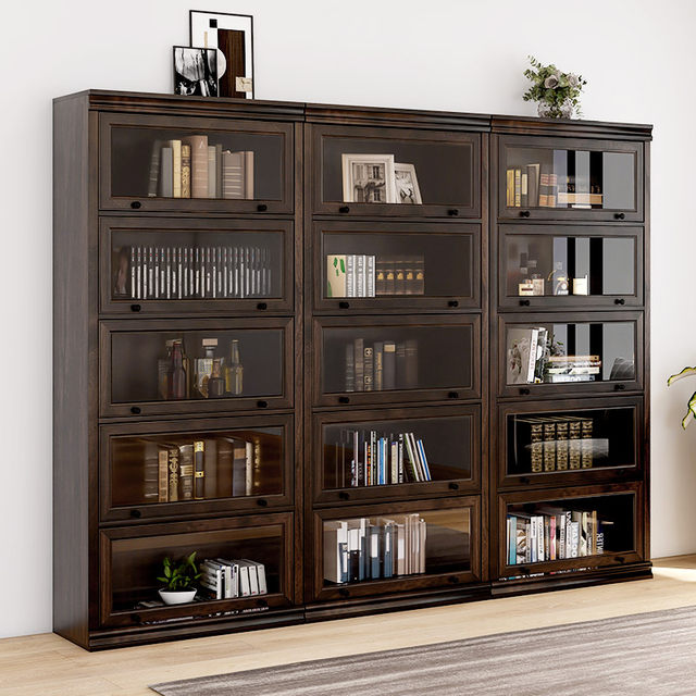 American solid wood bookcase glass door bookshelf dustproof floor-to ...