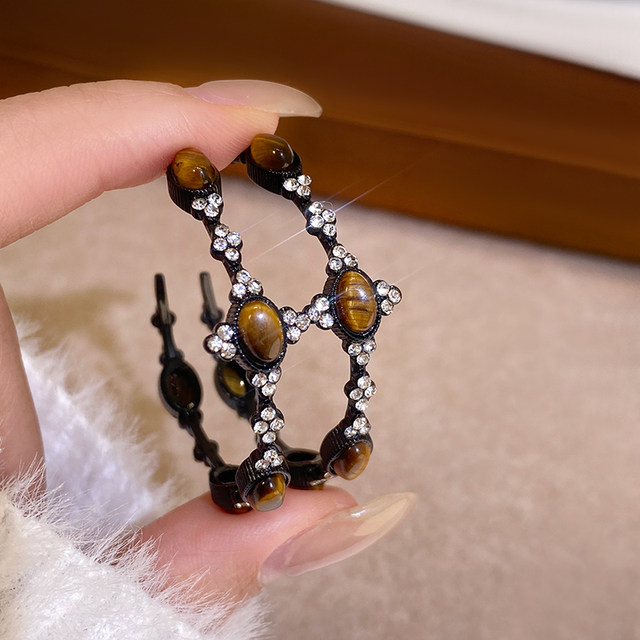 Retro temperament Maillard tiger eye stone micro-insert C-ring earrings ...