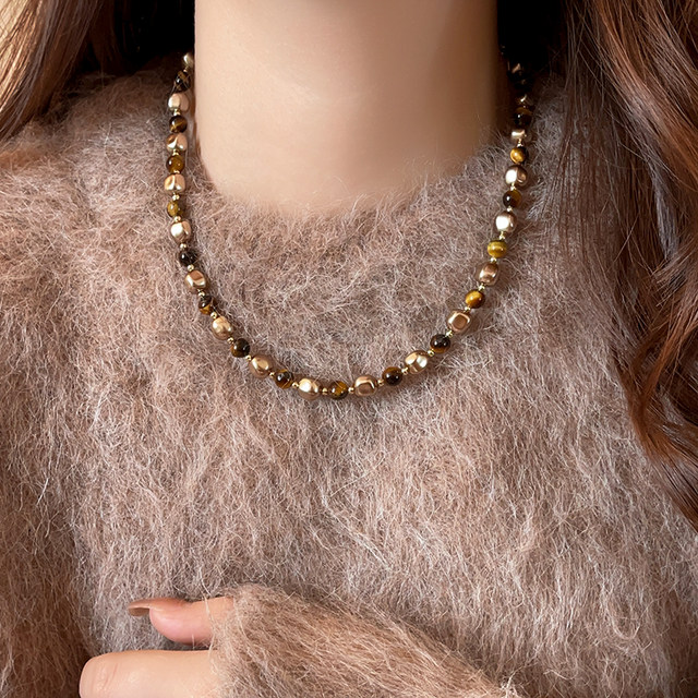 2024 New Autumn and Winter Maillard Tiger Eye Stone Splicing Necklace ...