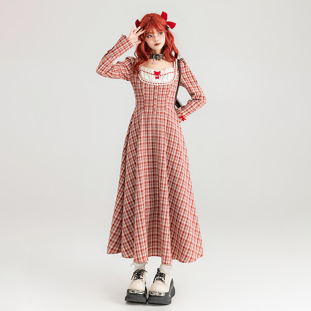 KEIKO French retro red plaid fishbone dress spring and autumn ...