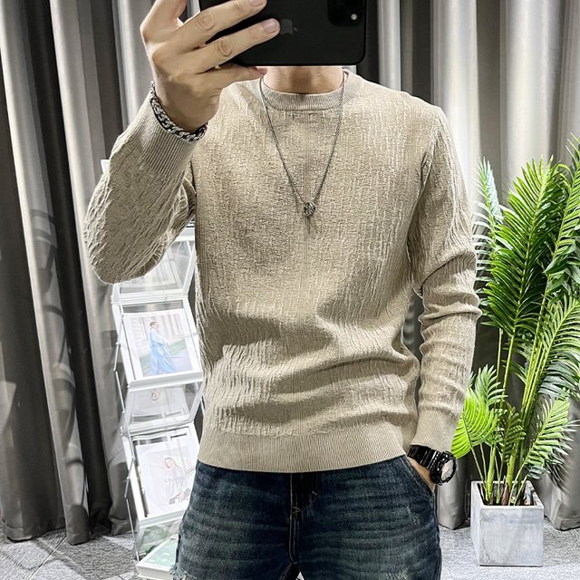 Solid color men's sweater autumn and winter new slim round neck trendy ...
