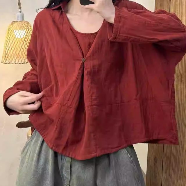 Cotton yarn large size four seasons casual versatile lapel simple style ...