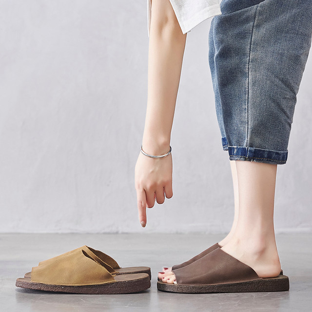 Genuine leather top layer cowhide slippers for women summer flat outer ...
