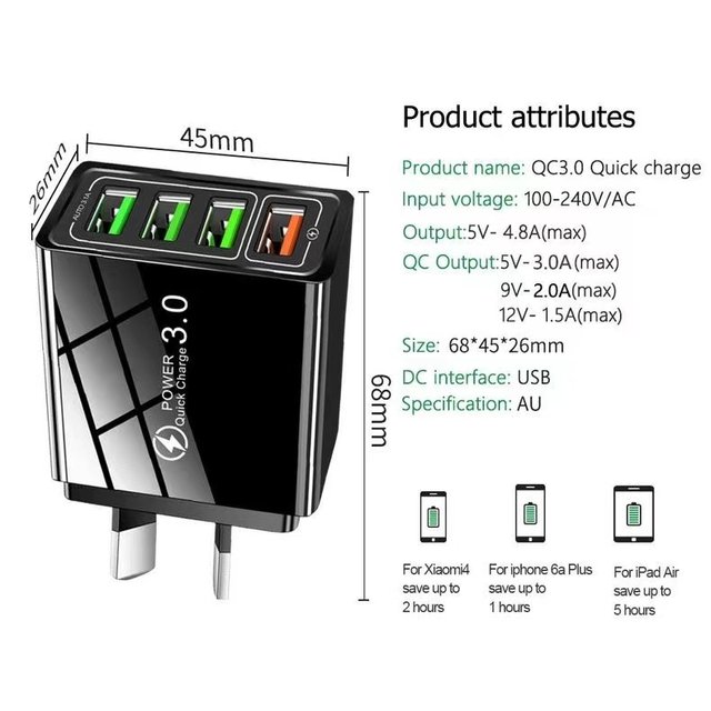 4USB port fast charging QC3.0 multi-port 48w mobile phone charger Australian standard charging ...