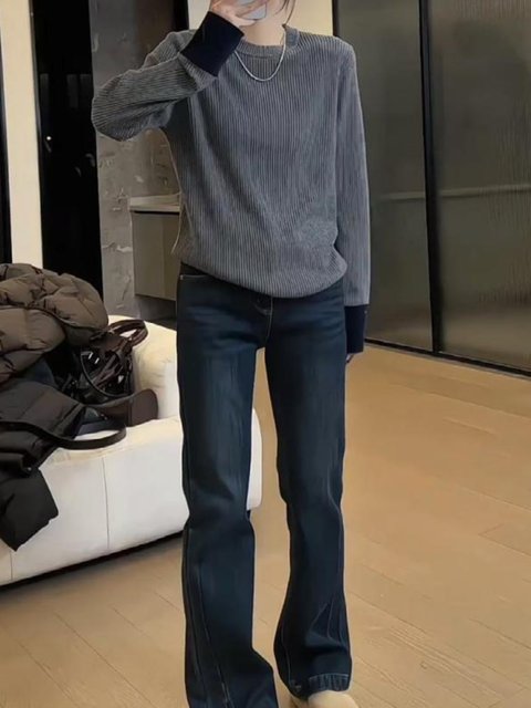 Contrast color cuff pit strip corduroy sweater spring large size fat mm ...