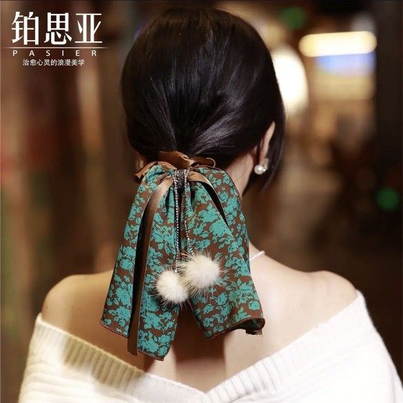 Fabric hair accessories green 法 式 饰 French romantic bow floating ribbon ...
