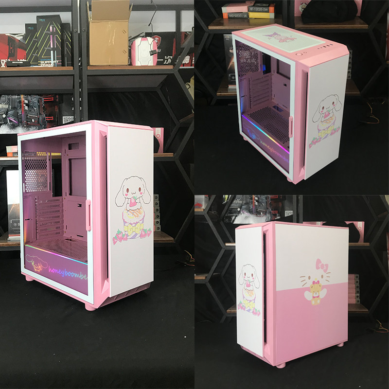 Maßgeschneidertes wassergekühltes gaming-computergehäuse mit rosa anime ...