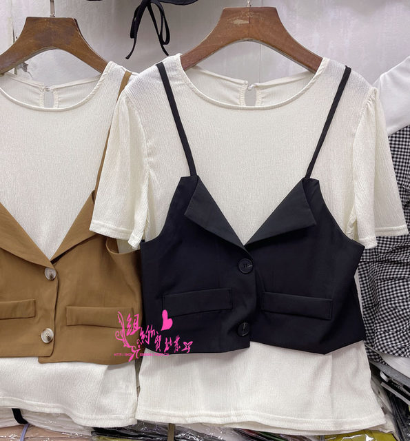 French niche design, high-end, slimming fake two-piece white shirt for ...