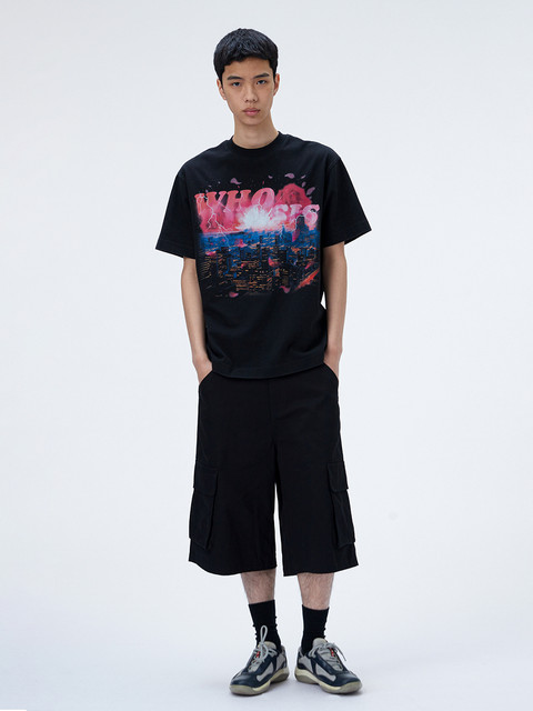 WHOOSIS (not known) Night Print Washed Short Sleeve T-shirt Summer ...